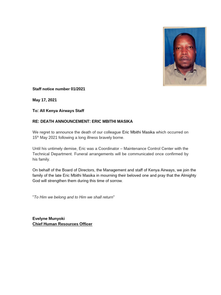 01 - Death Announcement For The Late Eric Mbithi Masika | PDF