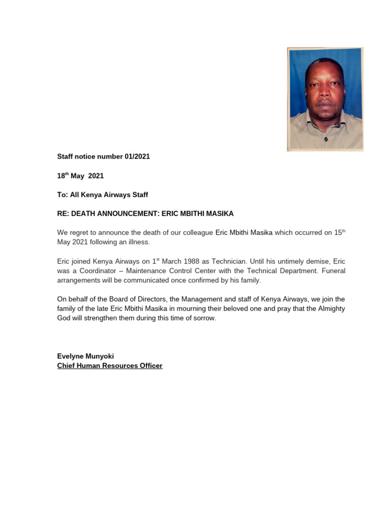 01 - Death Announcement For The Late Eric Mbithi Masika | PDF