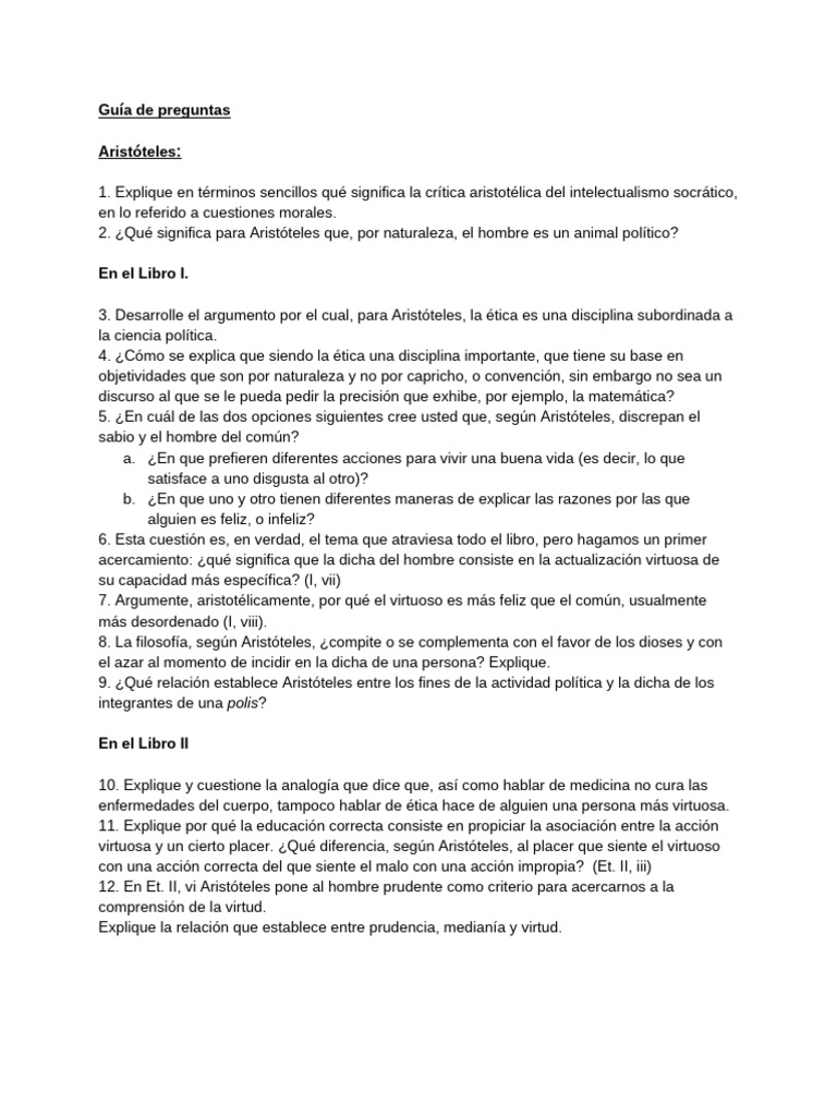 Guía para Ética nicomaquea libros I y II (3) | PDF