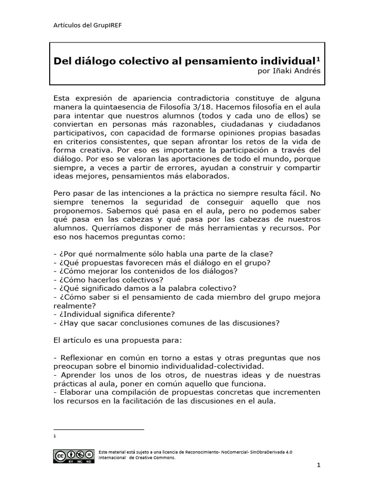 GrupIREF Del Dialogo Colectivo Al Pensamiento Individual | PDF ...