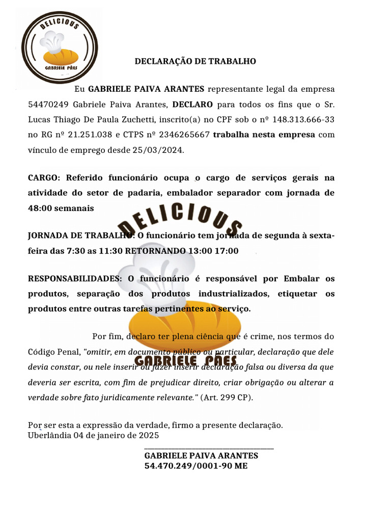 Declaração de Trabalho de Lucas Zuchetti | PDF