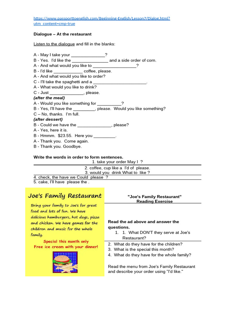 Restaurant Dialogue and Menu Exercises | PDF
