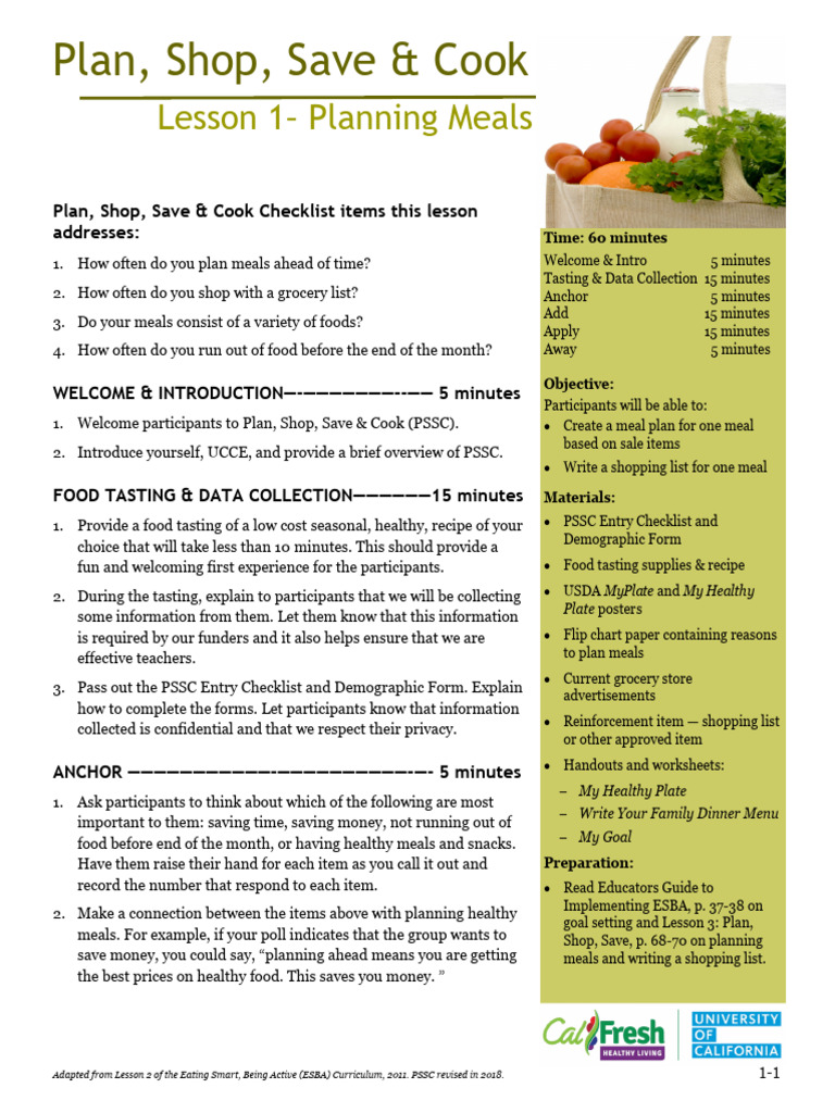01. PSSC Lesson 1_ Meal Plan_02.2020 | PDF | Meal | Grocery Store