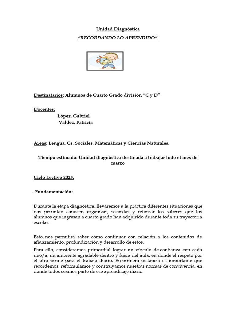 Unidad diagnóstica Cuartos 2024 | PDF | Enseñando | Matemáticas