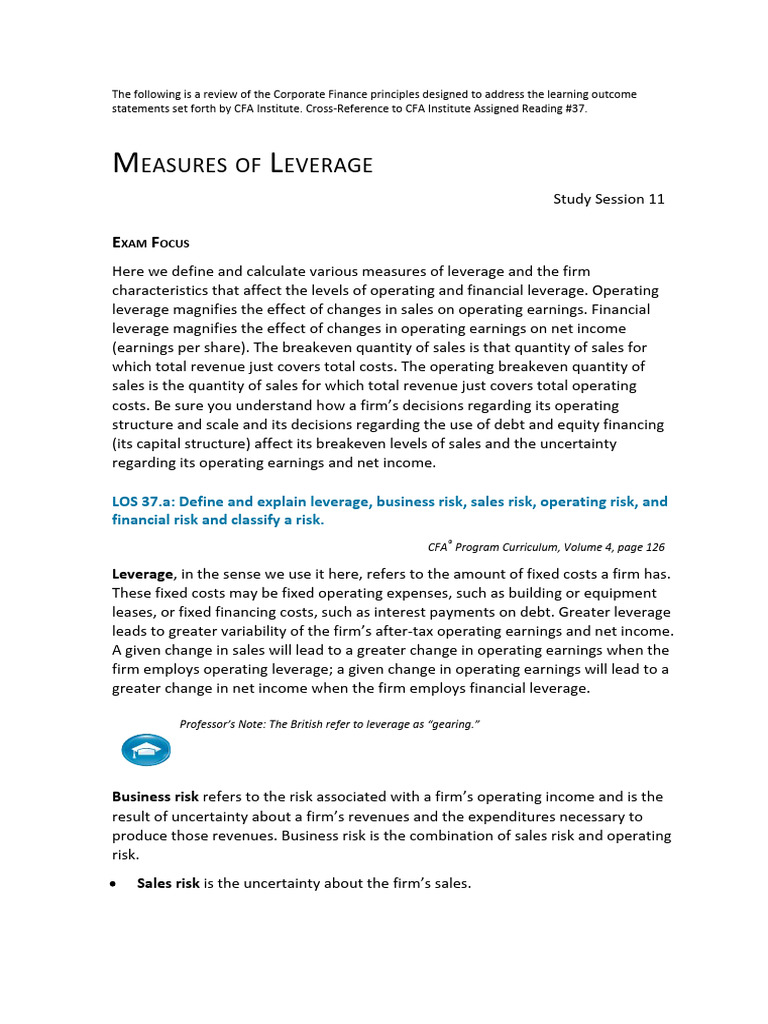 Measures of Levarage - Notes | PDF | Leverage (Finance) | Capital Structure