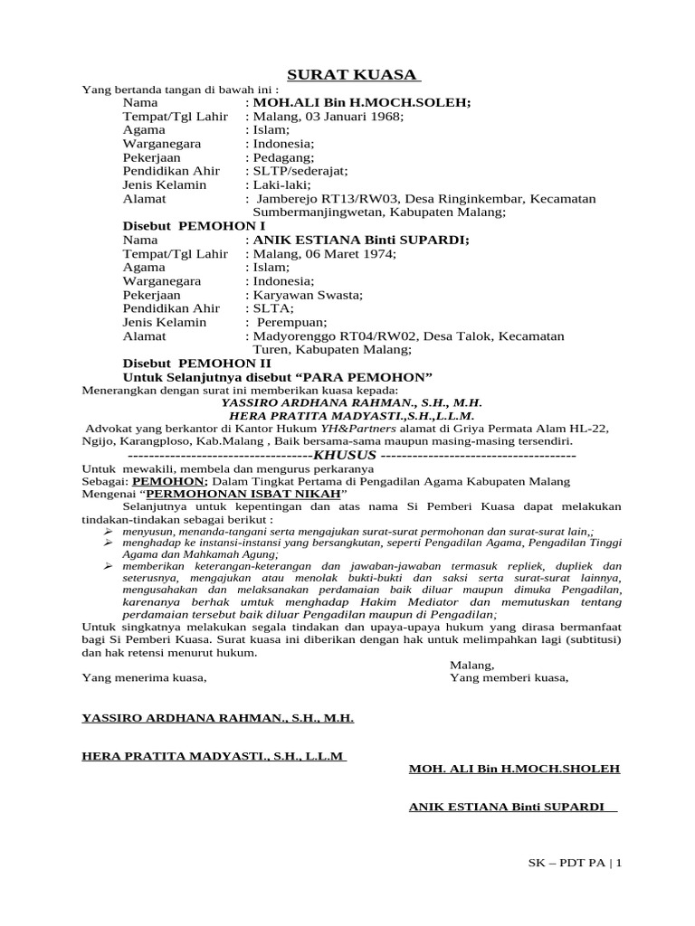Surat Kuasa Permohonan Isbat Nikah | PDF