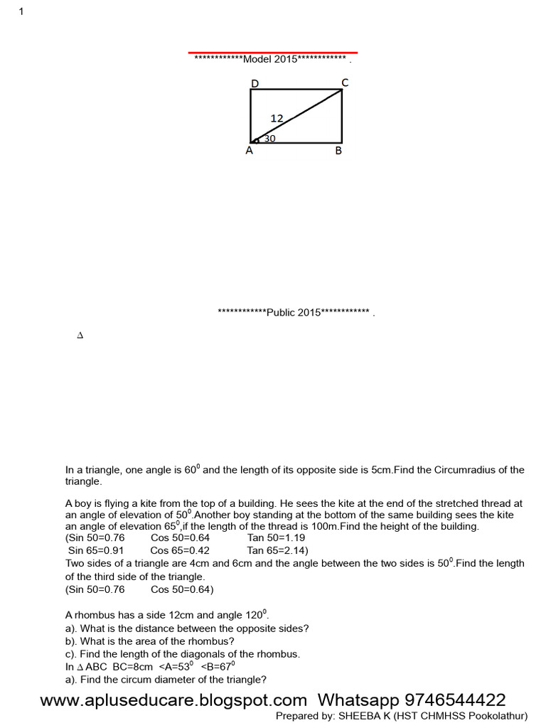 A+ Blog SSLC Mathematics Chapter 5 Trigonometry Questions (Em) | PDF | Mathematics