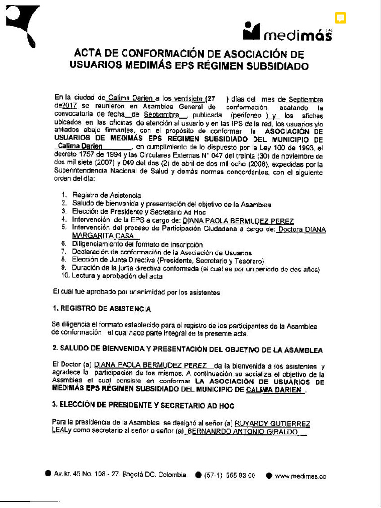 Acta de Conformación Asociación de Usuarios RS Medimas EPS Calima ...