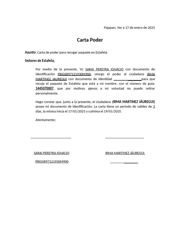 Carta Poder para Recoger Un Paquete en Estafeta | PDF