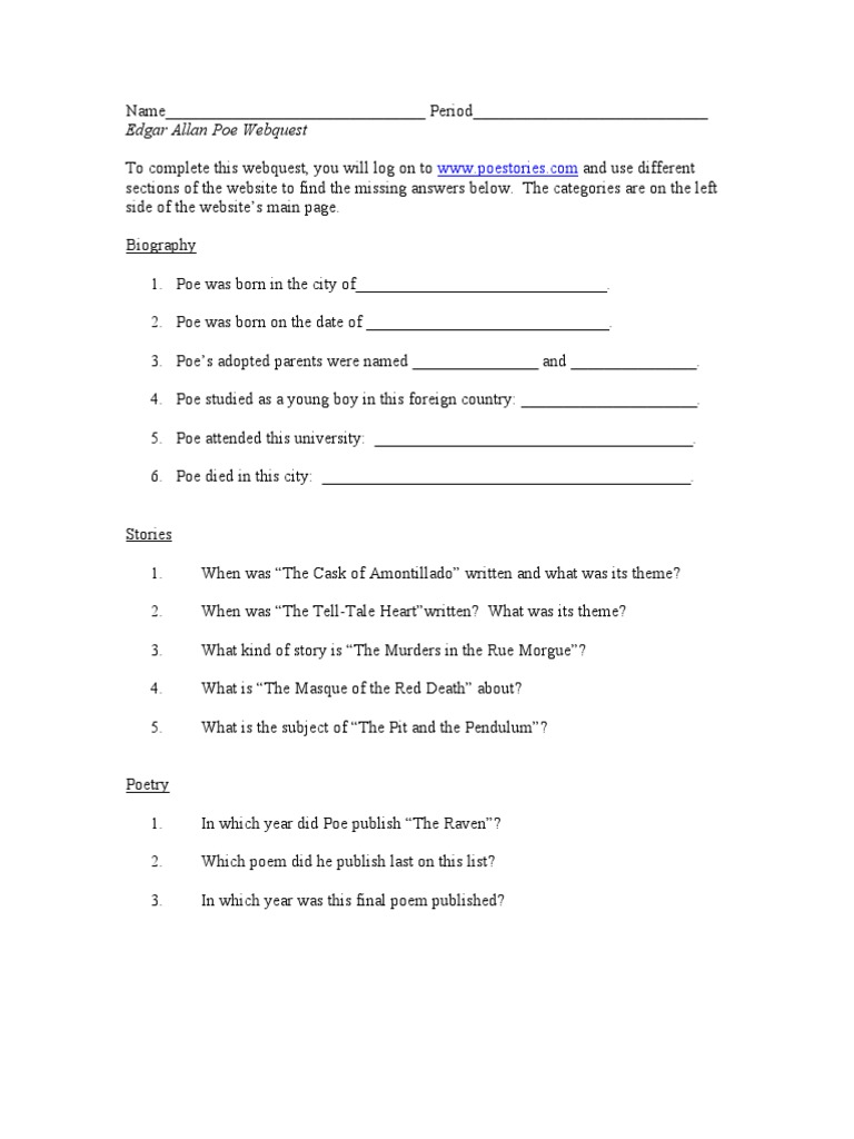Edgar Allan Poe Webquest Guide | PDF | Language Arts & Discipline | Poetry