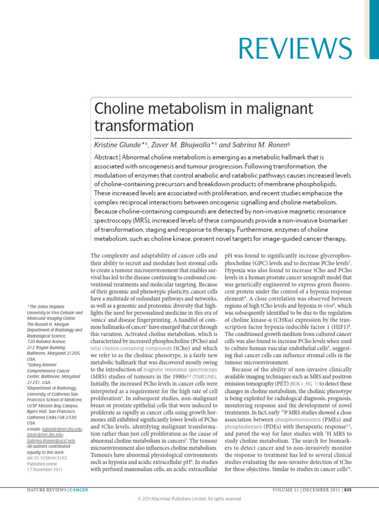 Cancer Choline Metabolism Insights | PDF | Carcinogenesis | Cancer