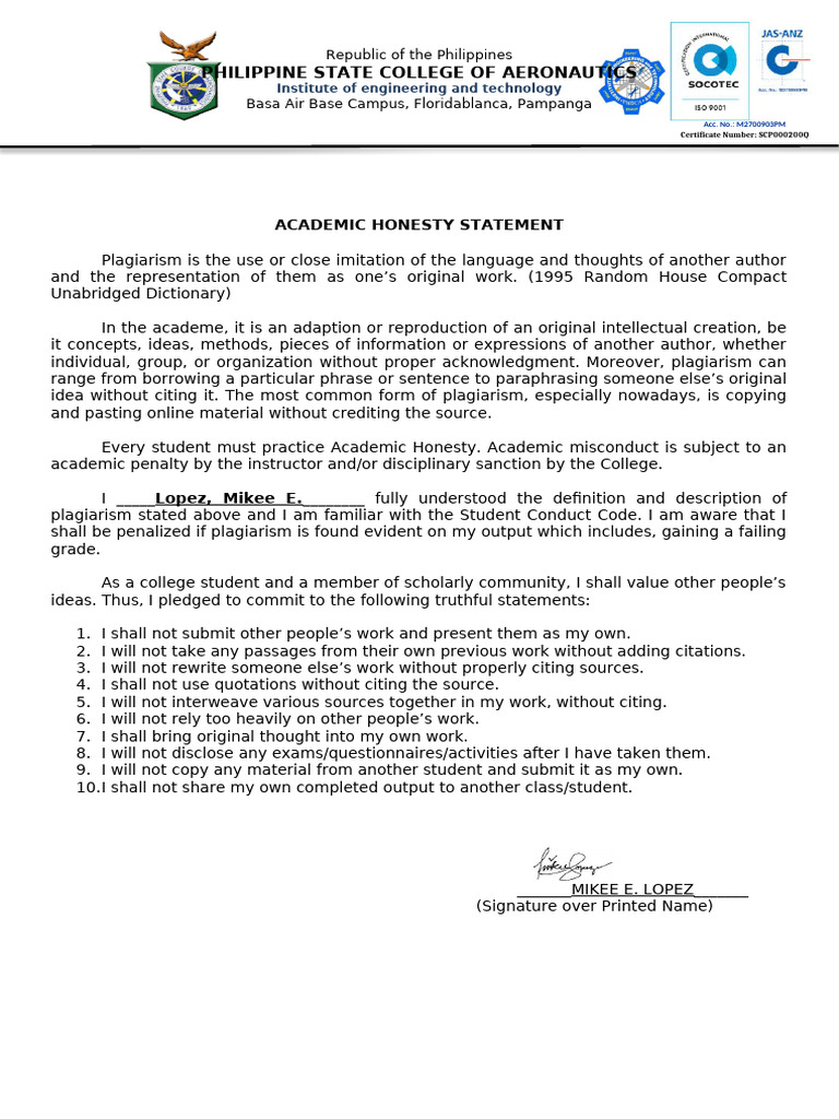 Academic Honesty Statement | PDF | Plagiarism | Academic Dishonesty
