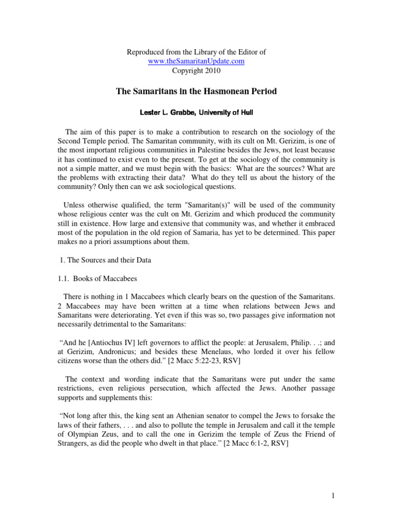 The Samaritans in The Hasmonean Period | PDF | Samaritans | Samaria
