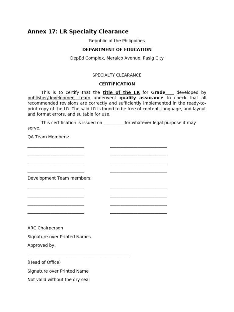 Annex 17 - LR Specialty Clearance 4 | PDF