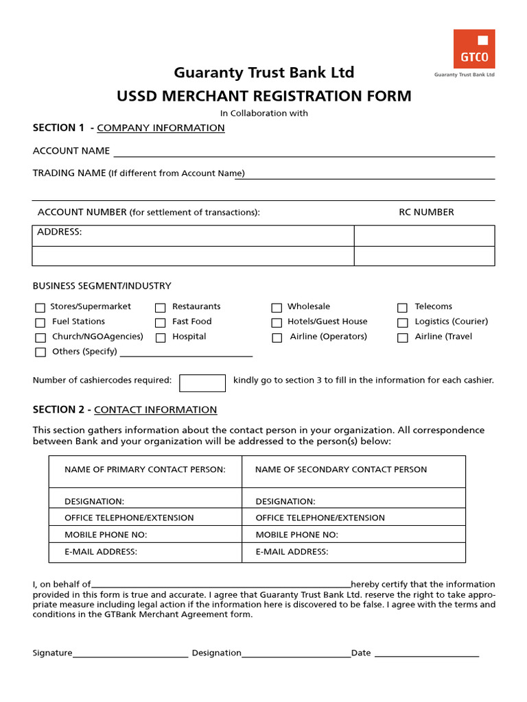 GTBank USSD Merchant Registration Form | PDF | Point Of Sale | Telecommunications