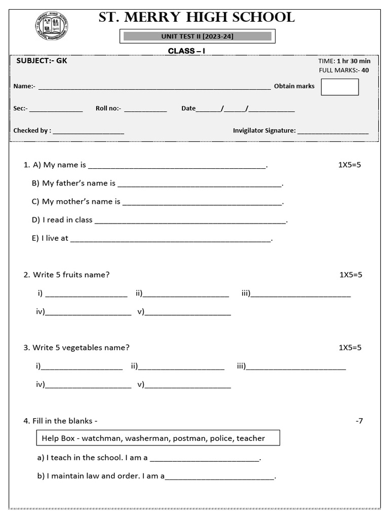 Class 1 GK Unit Test Paper 2023-24 | PDF