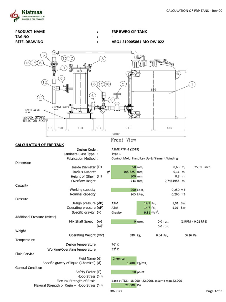 DW-022 Calc Design FRP Tank | PDF | Pressure | Pascal (Unit)
