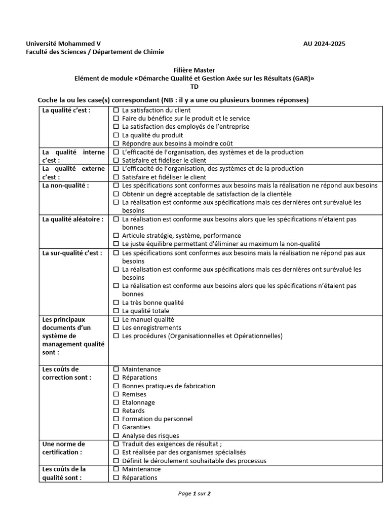 QCM SMQ MC FSR-2024-2025 | PDF | Management de la qualité | Business