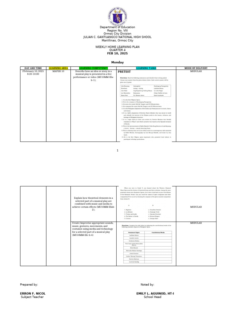 Weekly Home Learning Plan Feb 10 2025 | PDF