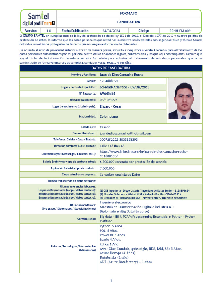 RRHH-FM-009 Candidatura | PDF | Servicios web de Amazon | Mi sql