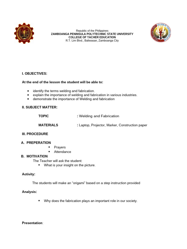 Gamotia Lesson Plan Semi Detailed Welding and Fabrication 1 | PDF