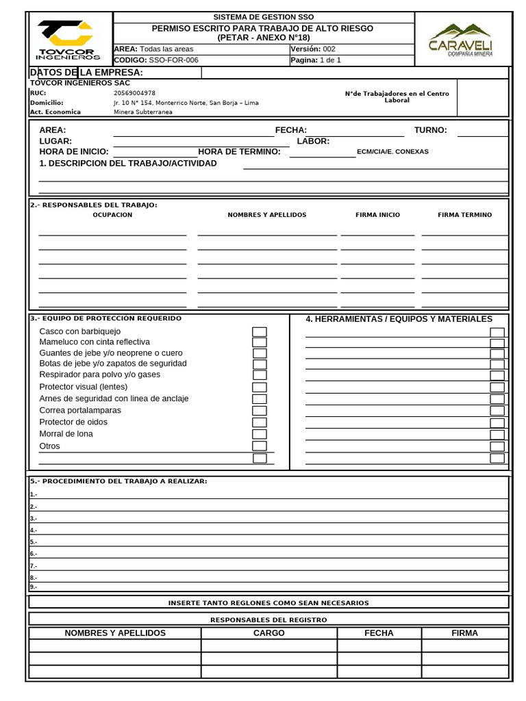 SSO-FOR-006_Permiso_Escrito_de_Trabajo_de_Alto_Riesgo_rev_001_NUEVO | PDF | Software | Informática
