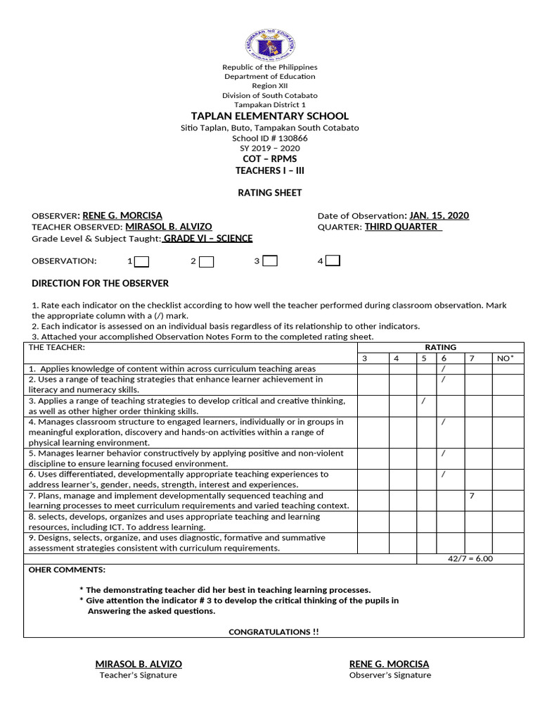 Cot Ratings | PDF | Teachers | Learning