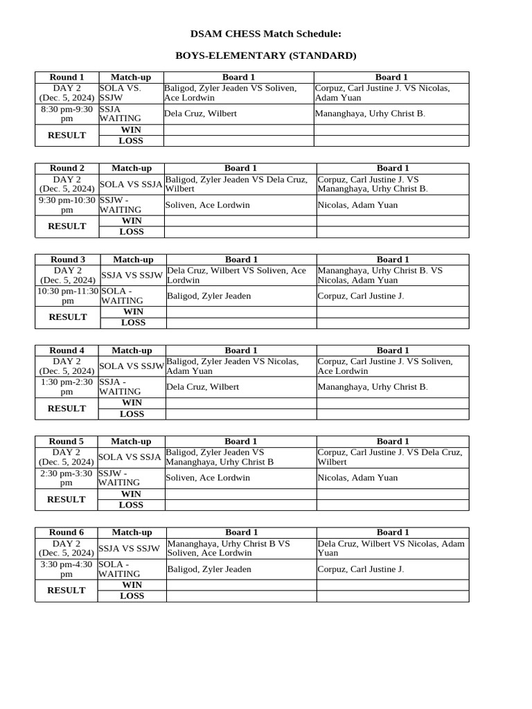 DSAM Chess Match Schedule 2024 | PDF