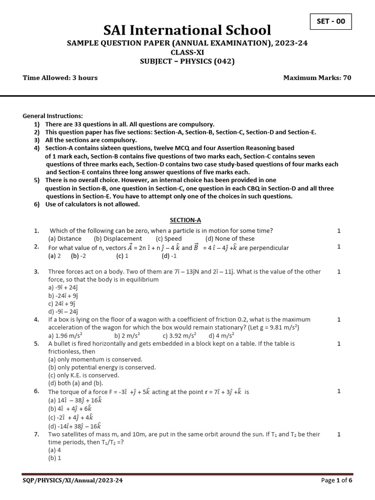 11-AE-PHYSICS-SQP-2023-24 | PDF | Surface Tension | Force