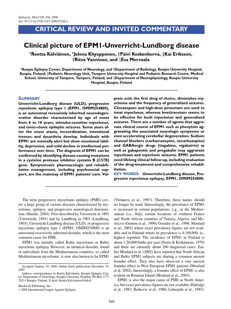 Clinical Picture of EPM1-Unverricht-Lundborg Disease | PDF | Epilepsy ...