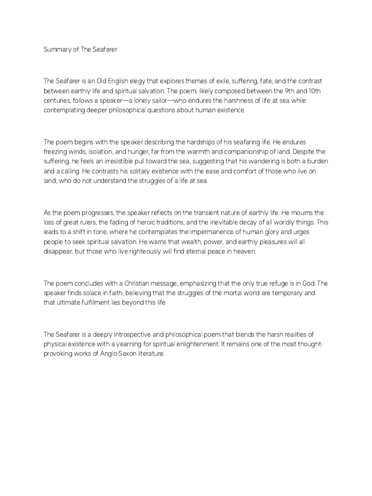 Summary of The Seafarer Poem | PDF