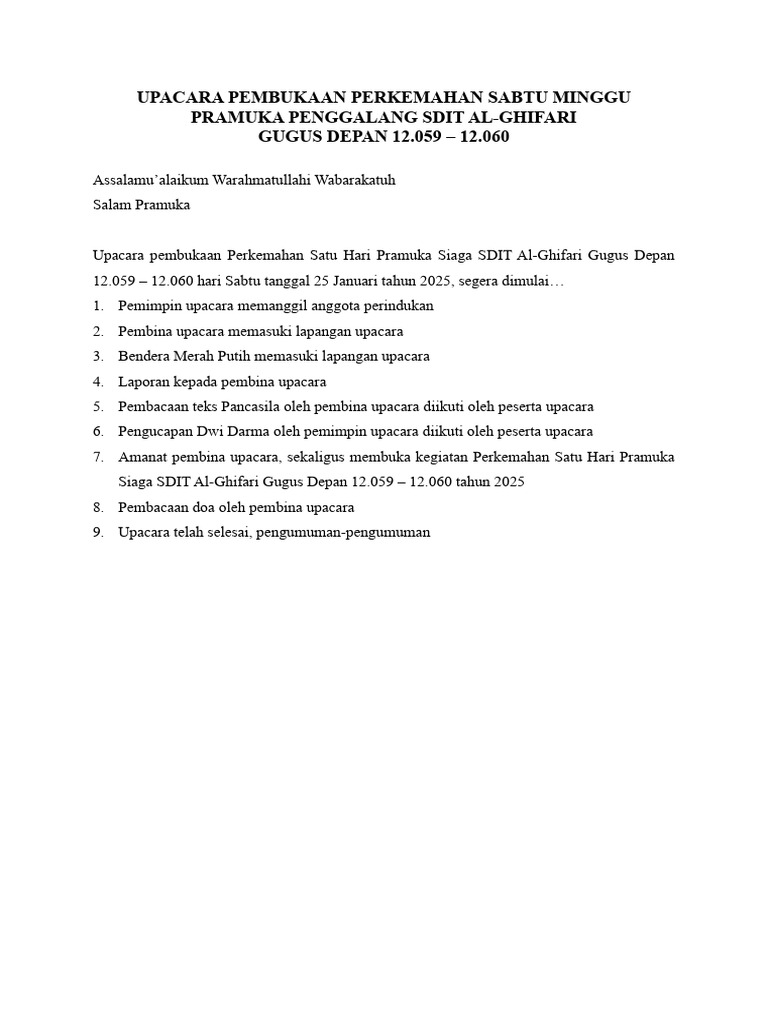 Teks MC Upacara Pembukaan Persari Sdit - 25 Januari 2025 | PDF