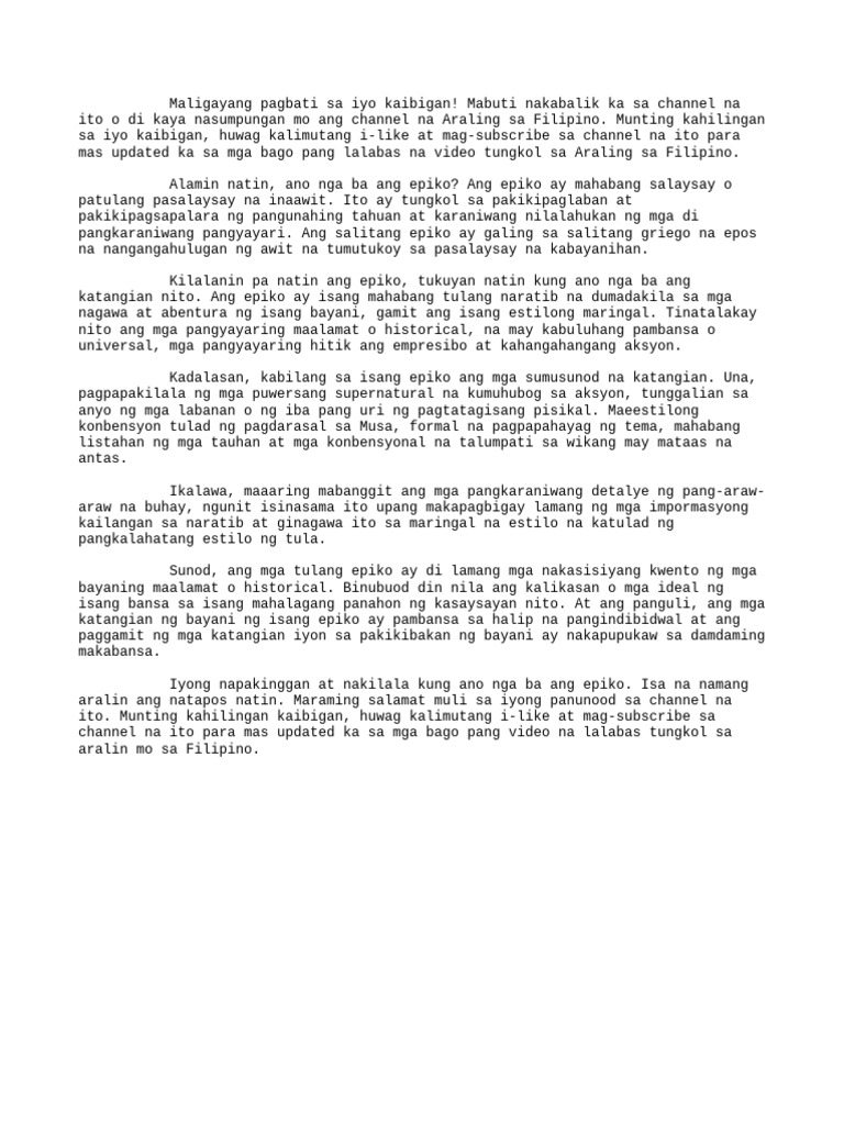 NoteGPT - EPIKO - KATANGIAN NG EPIKO - FILIPINO 9-IKATLONG MARKAHAN - ARALIN SA FILIPINO | PDF