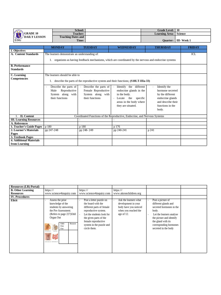 DLL Science 10 Quarter 3 Week 1 | PDF | Endocrine System | Organ (Anatomy)