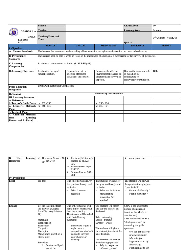 DLL Science 10 Quarter 3 Week 6 | PDF | Learning | Evolution