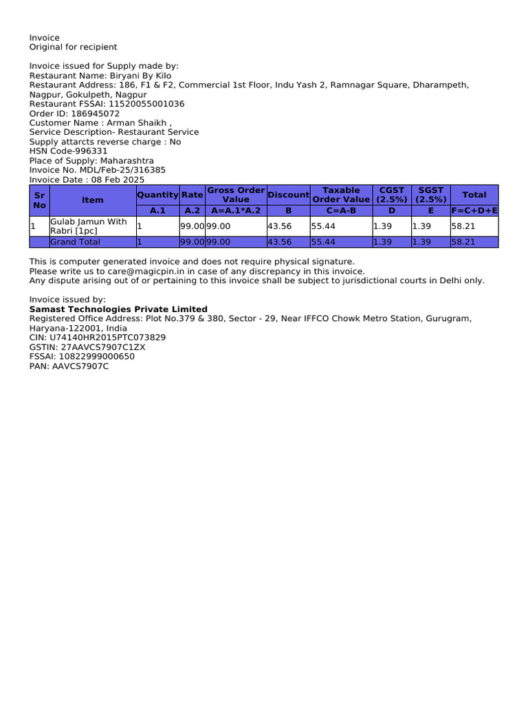 Invoice for Biryani By Kilo Order | PDF