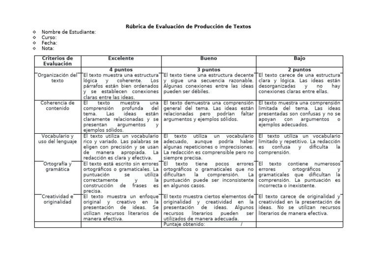 Rúbrica de Evaluación de Textos | PDF | Puntuación | Gramática