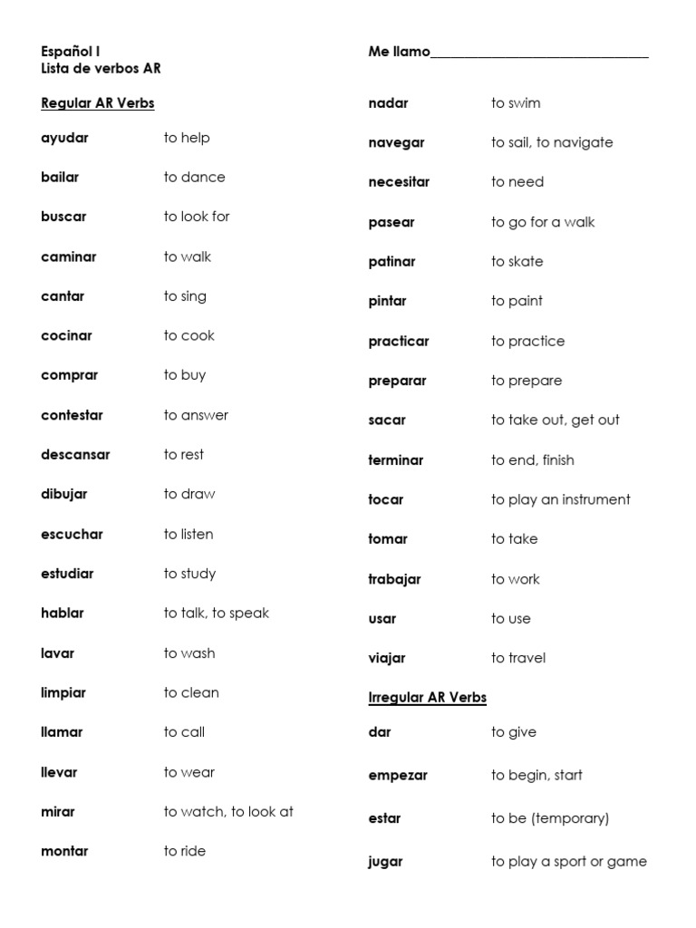 AR Verb List | PDF