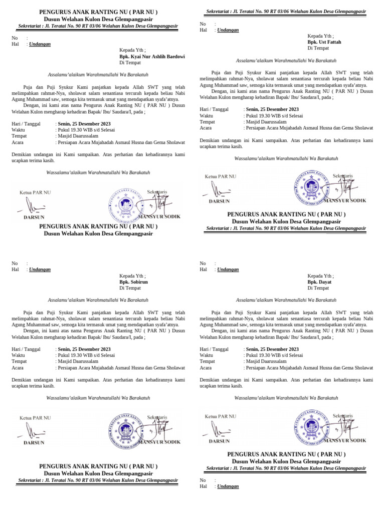 Undangan PENGURUS ANAK RANTING NU | PDF