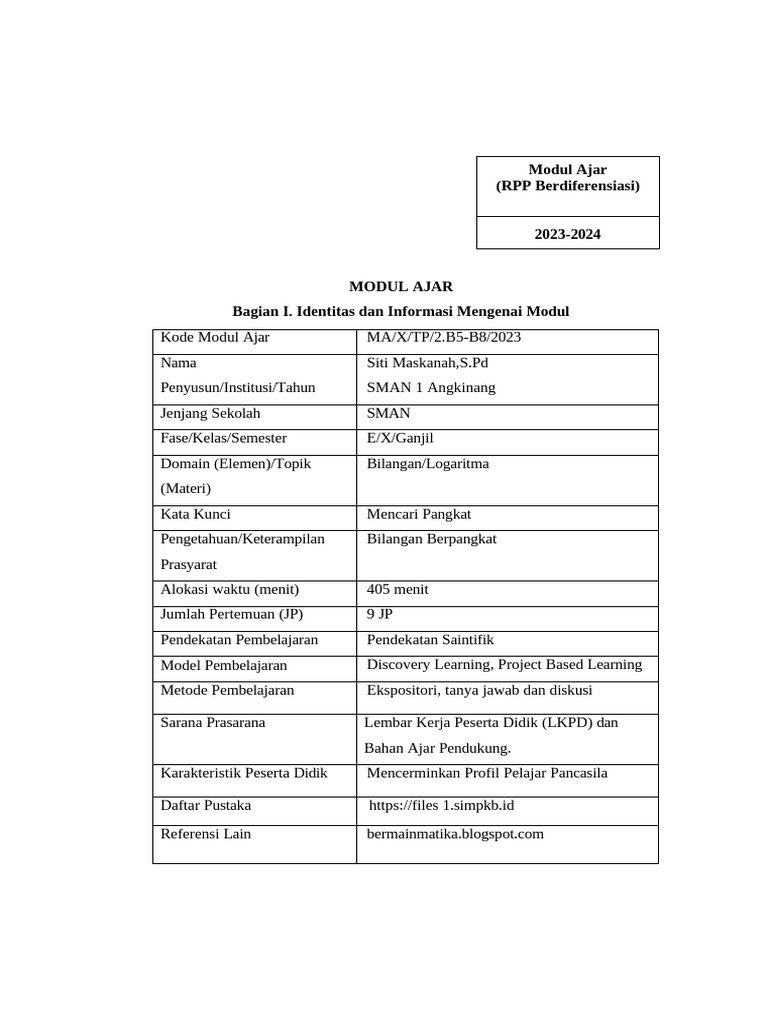 Modul Ajar Logaritma-Berdiferensiasi - Fase E | PDF