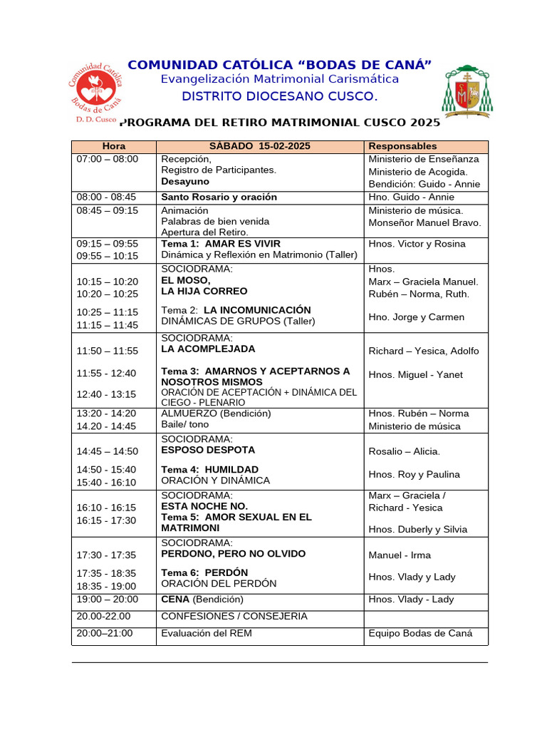 Programa - Retiro Matrimonial Bodas de Cana Cusco 2025 | PDF | Oración