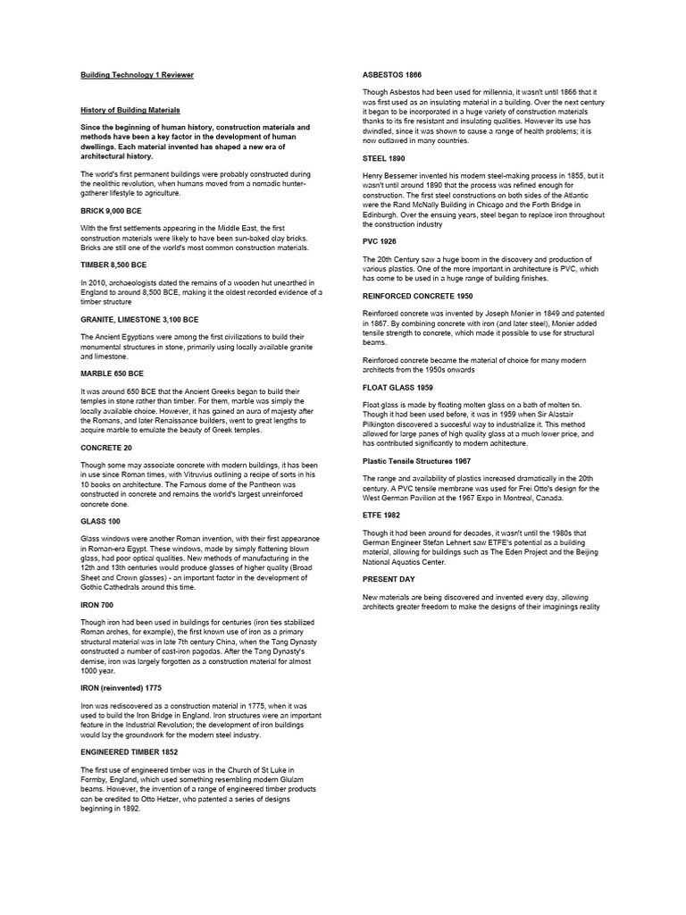 Building Technology 1 Reviewer | PDF | Cement | Concrete