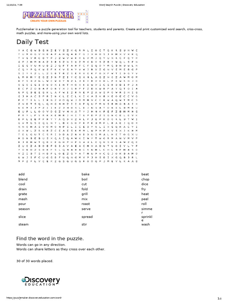 Word Search Puzzle - Discovery Education Puzzlemaker Fix1 | PDF