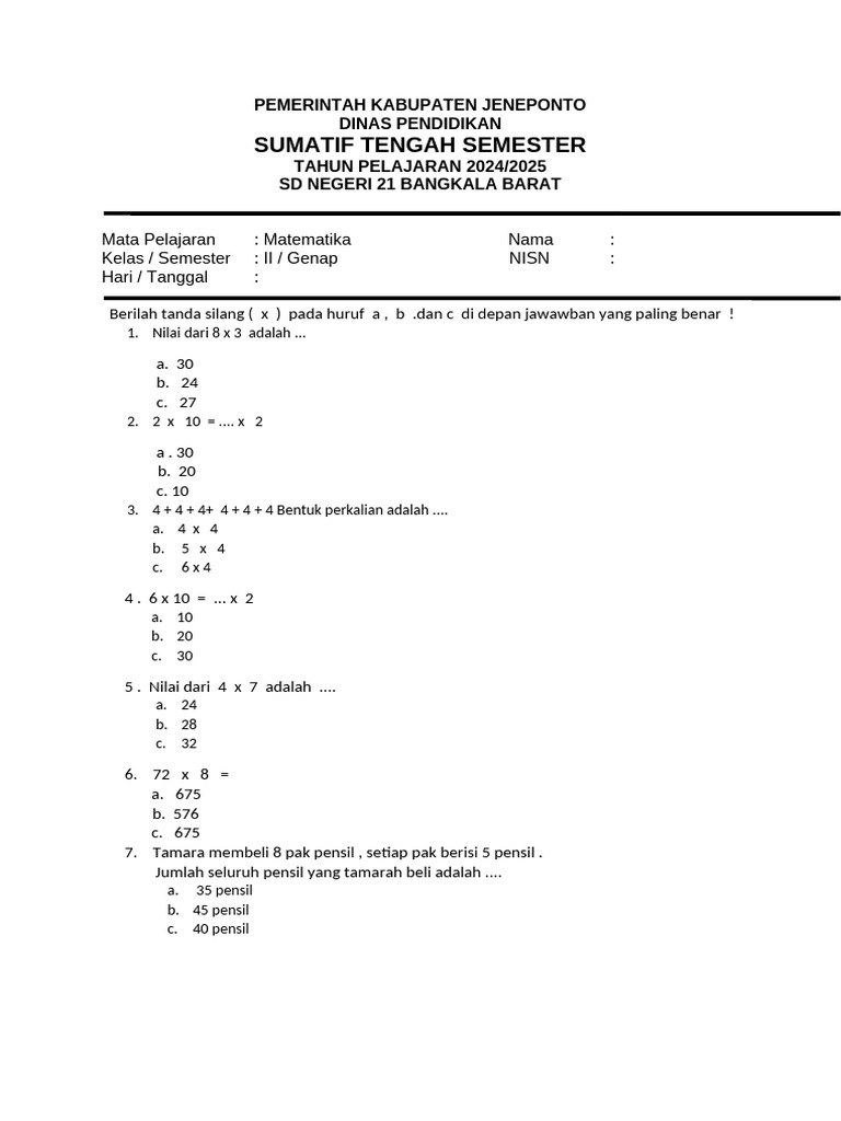 Soal Uts Matematika Kelas 2 Semester 2 | PDF
