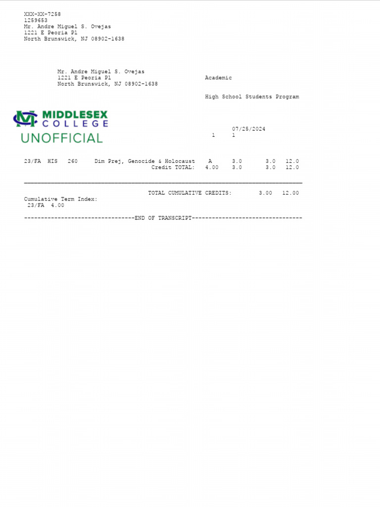 Middlesex Transcript - Holocaust | PDF