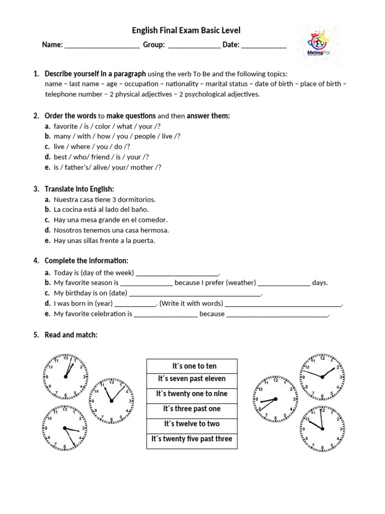 Final Exam Basic Lessons 1-4 | PDF