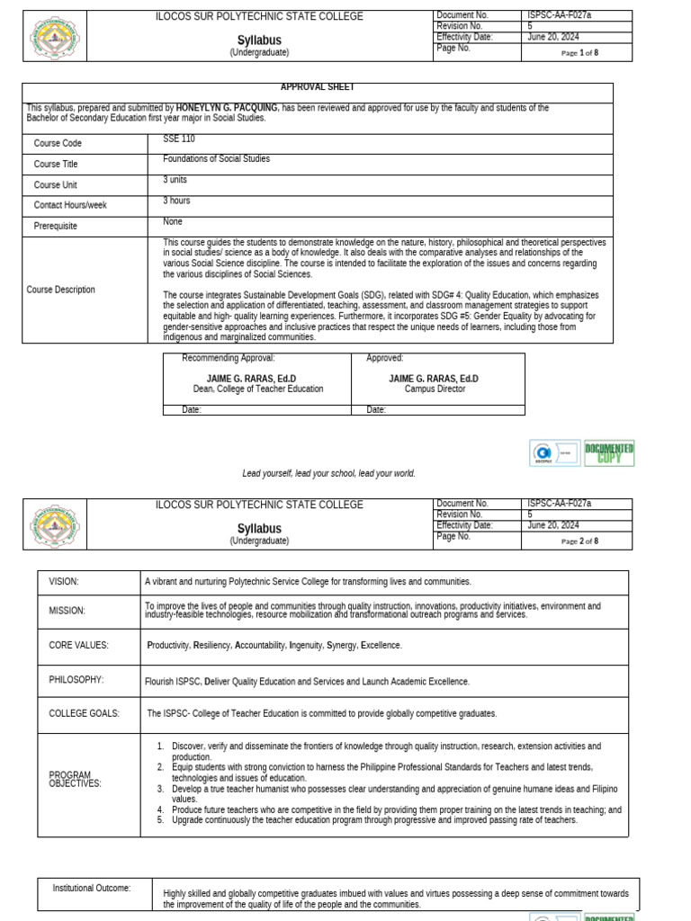 SYLLABUS BSED1 Soc Studies 2nd S 23 24 | PDF | Social Sciences | Curriculum