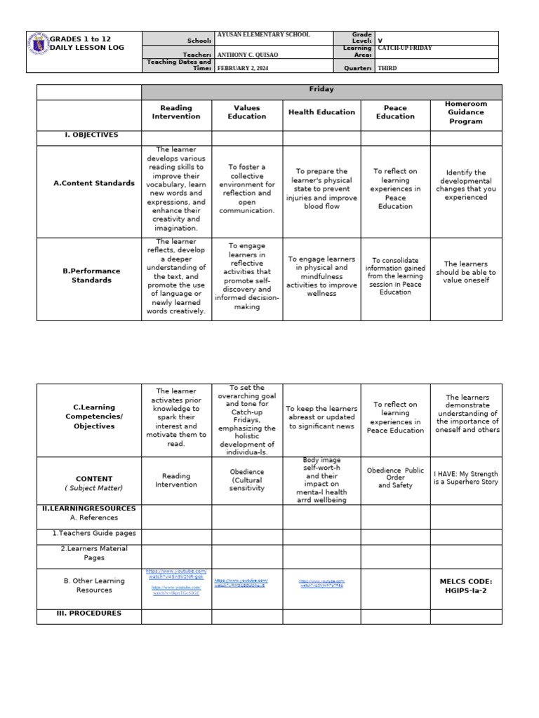 DLL Catch Up Friday Grade 5 Feb 2 | PDF | Learning | Cognition