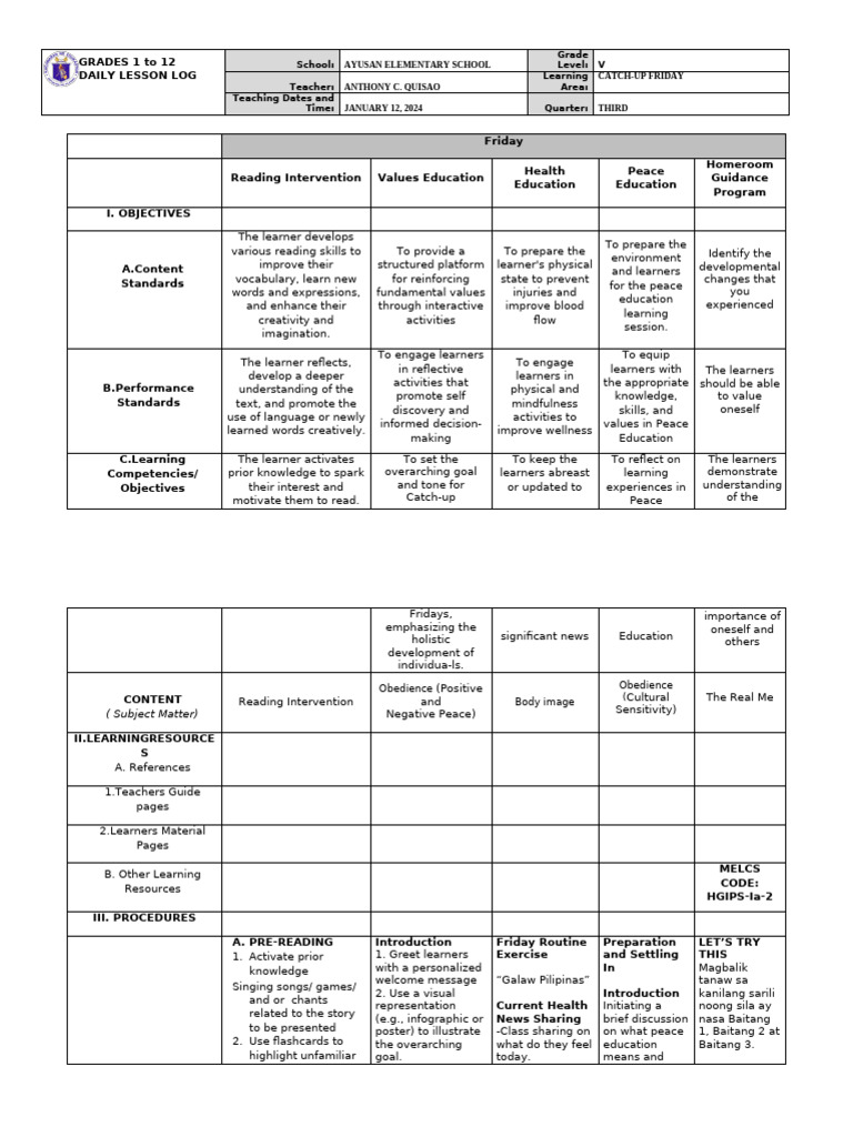 DLL Catch Up Friday Grade 5 Jan 12 | PDF | Learning | Cognition