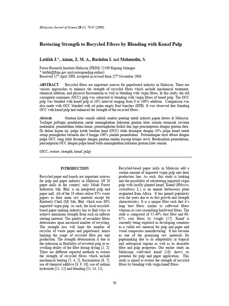 Enhancing Recycled Fibre Strength with Kenaf | PDF | Paper | Pulp (Paper)